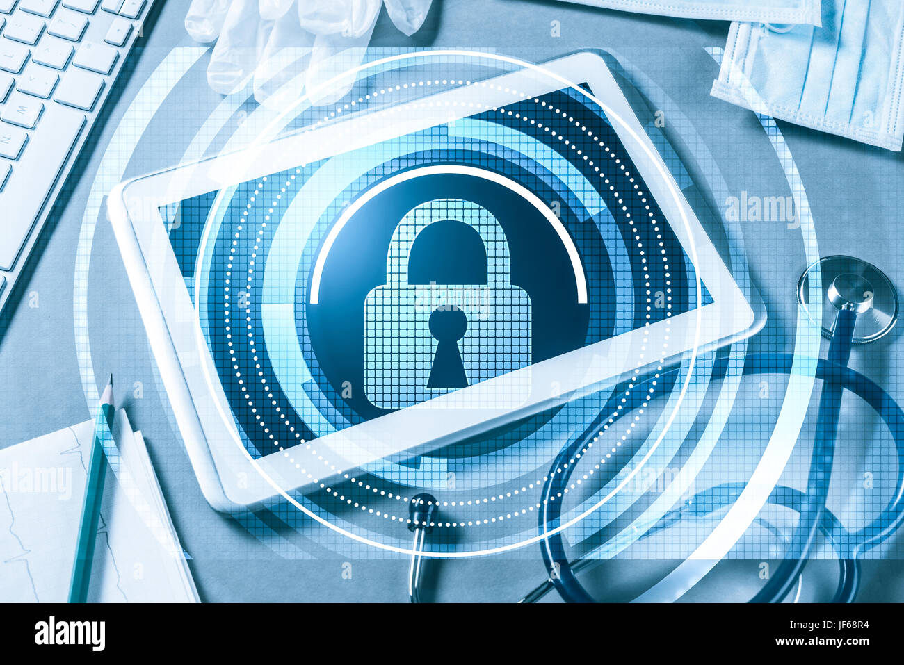 White tablet pc and access security concept on media screen Stock Photo ...