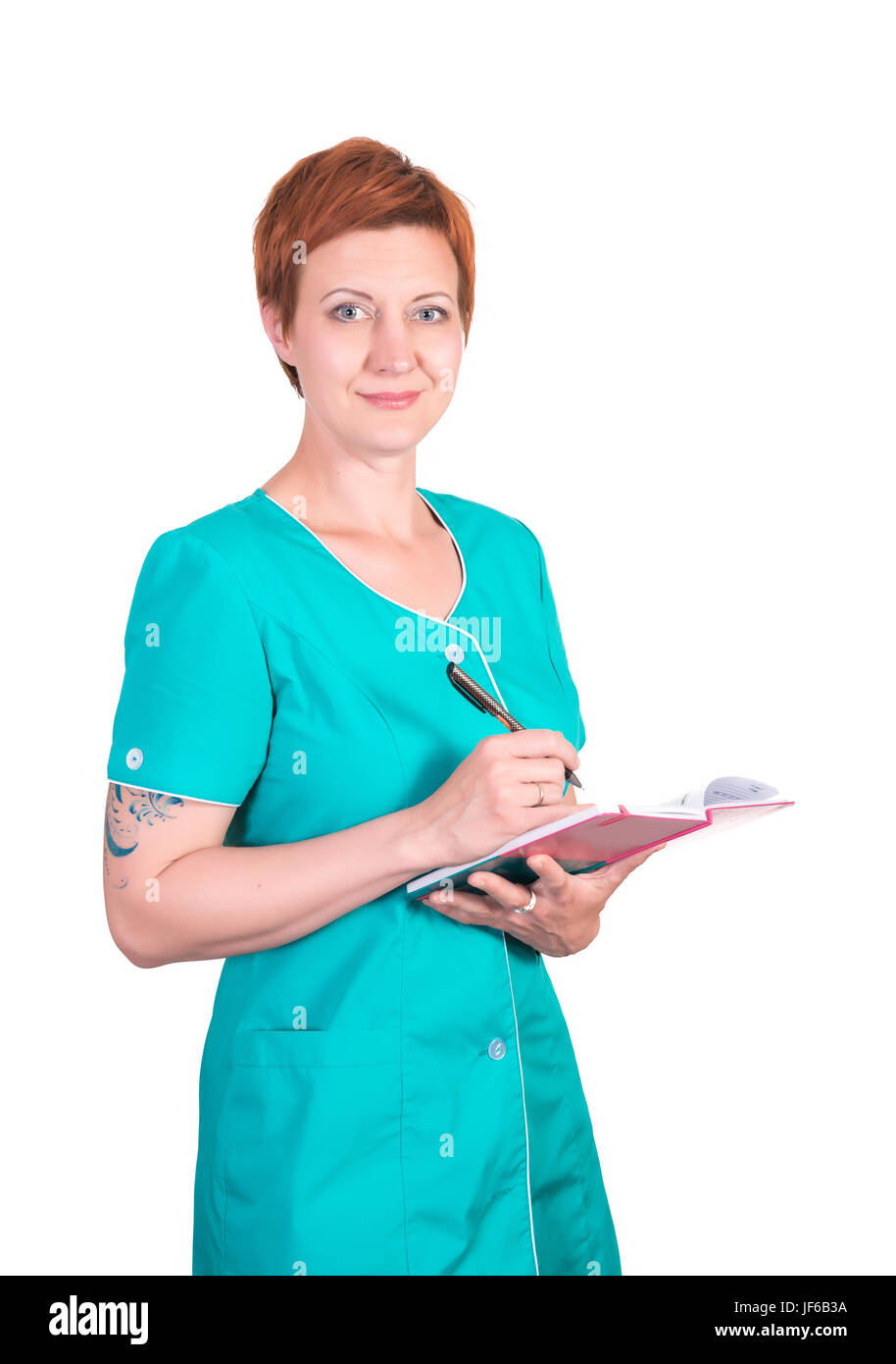 Pretty red-hair smiling woman nurse, cosmetologist, doctor, with ...