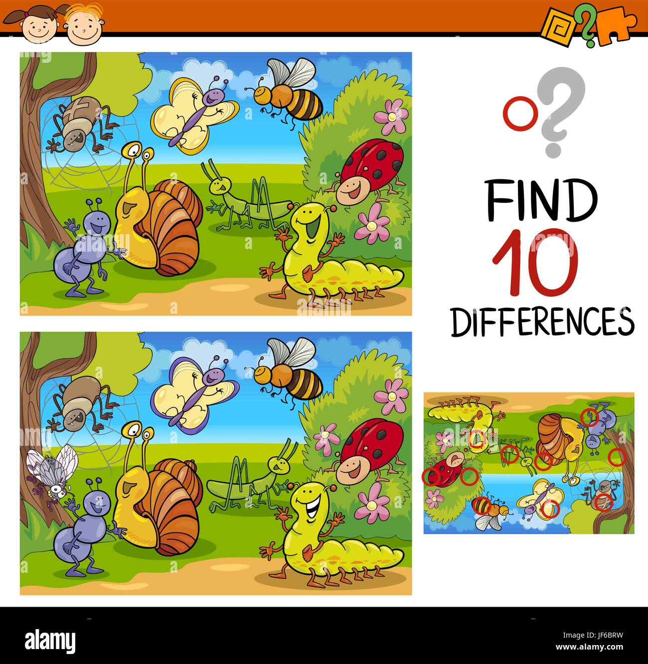 education, insects, illustration, puzzle, find, cartoon, differences ...