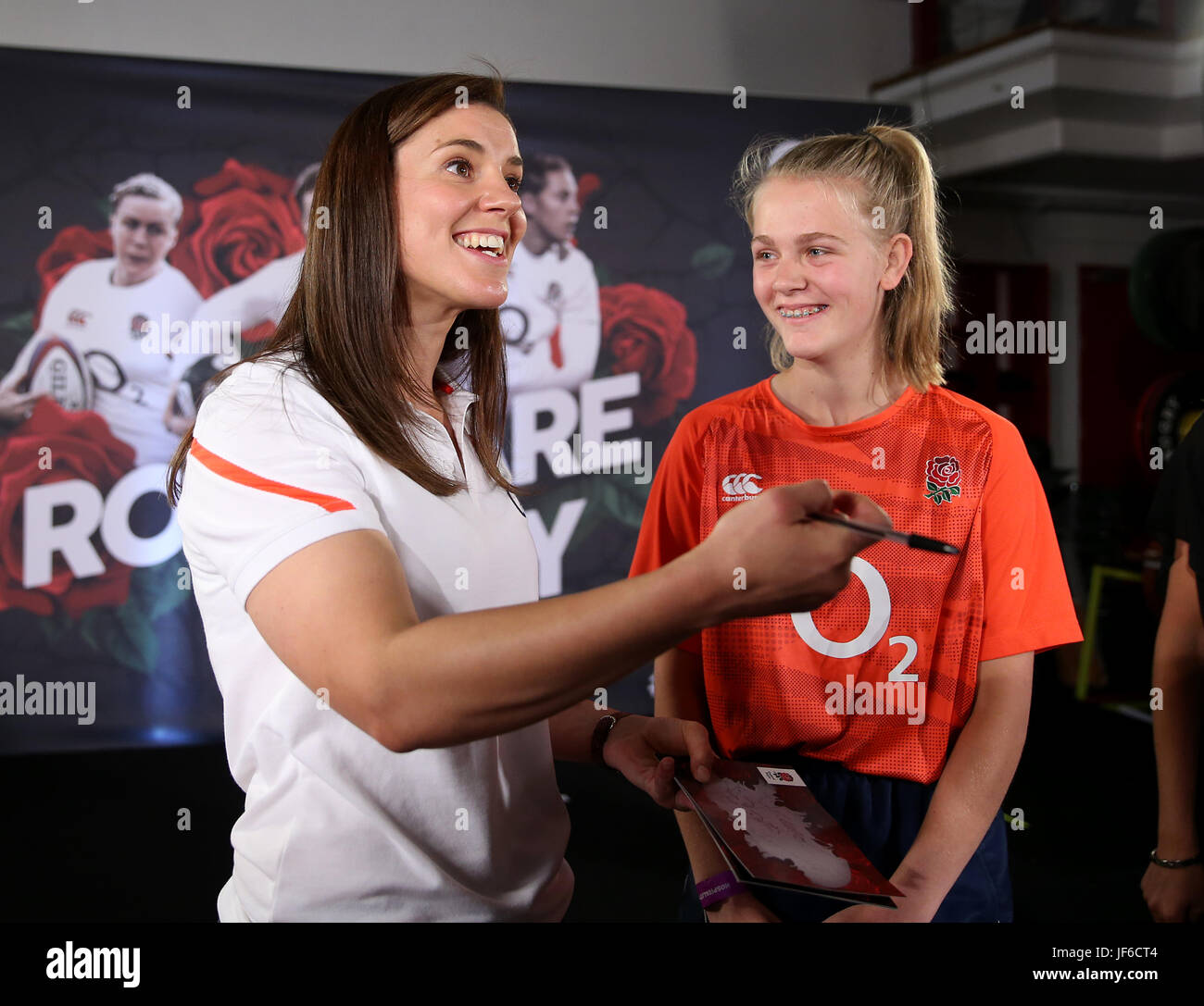 Sarah Hunter (left) speaks to fans after the squad announcement at ...