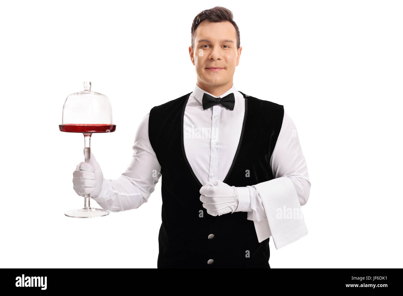 Waiter holding a cake server stand isolated on white background Stock ...