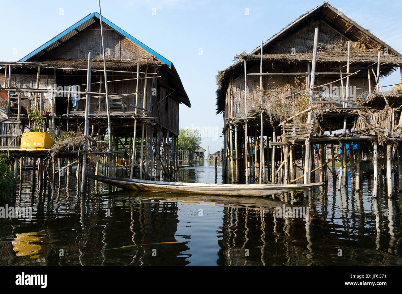 Houses over lake, stilt village, Inle Lake, Taunggyi, Shan, Myanmar ...