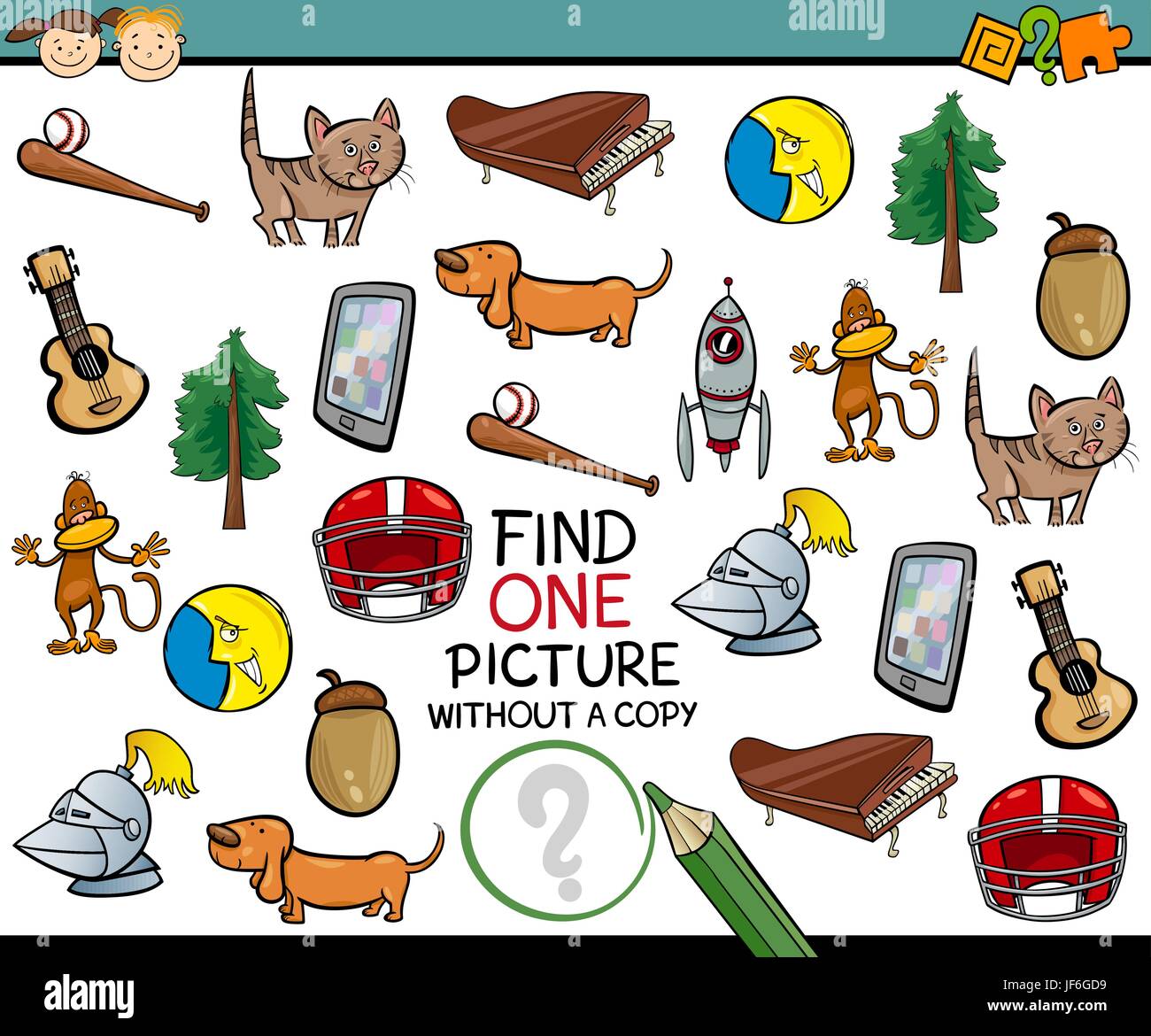 education, single, illustration, puzzle, one, find, cartoon, duplicate ...