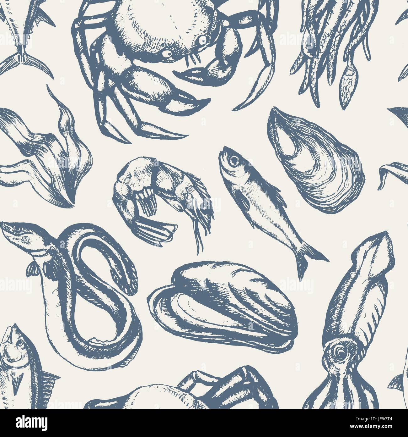 Delicious Seafood - black and white vector hand drawn seamless pattern ...