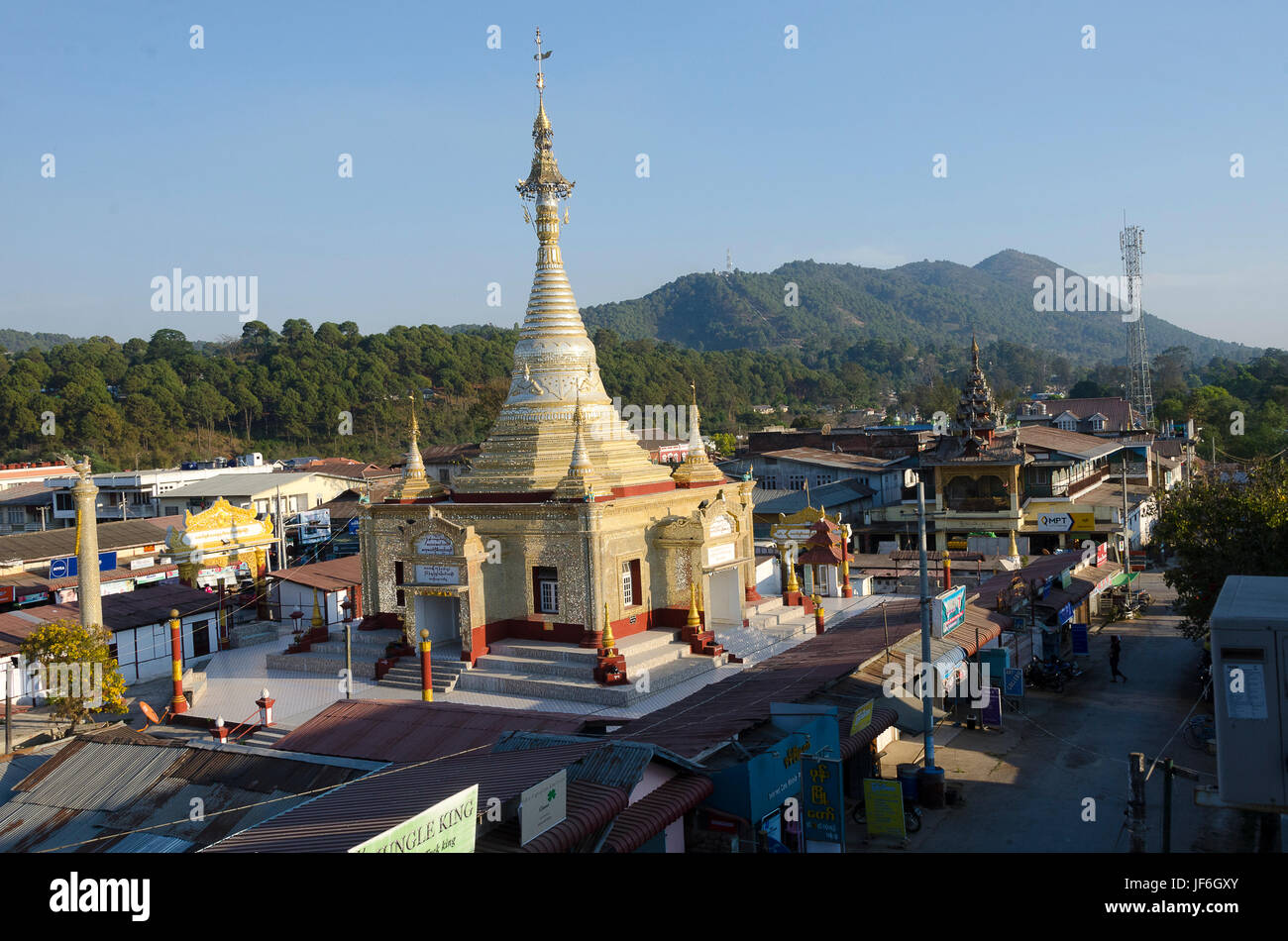 Temple and view across town centre, Kalaw, Shan, Myanmar (Burma Stock ...
