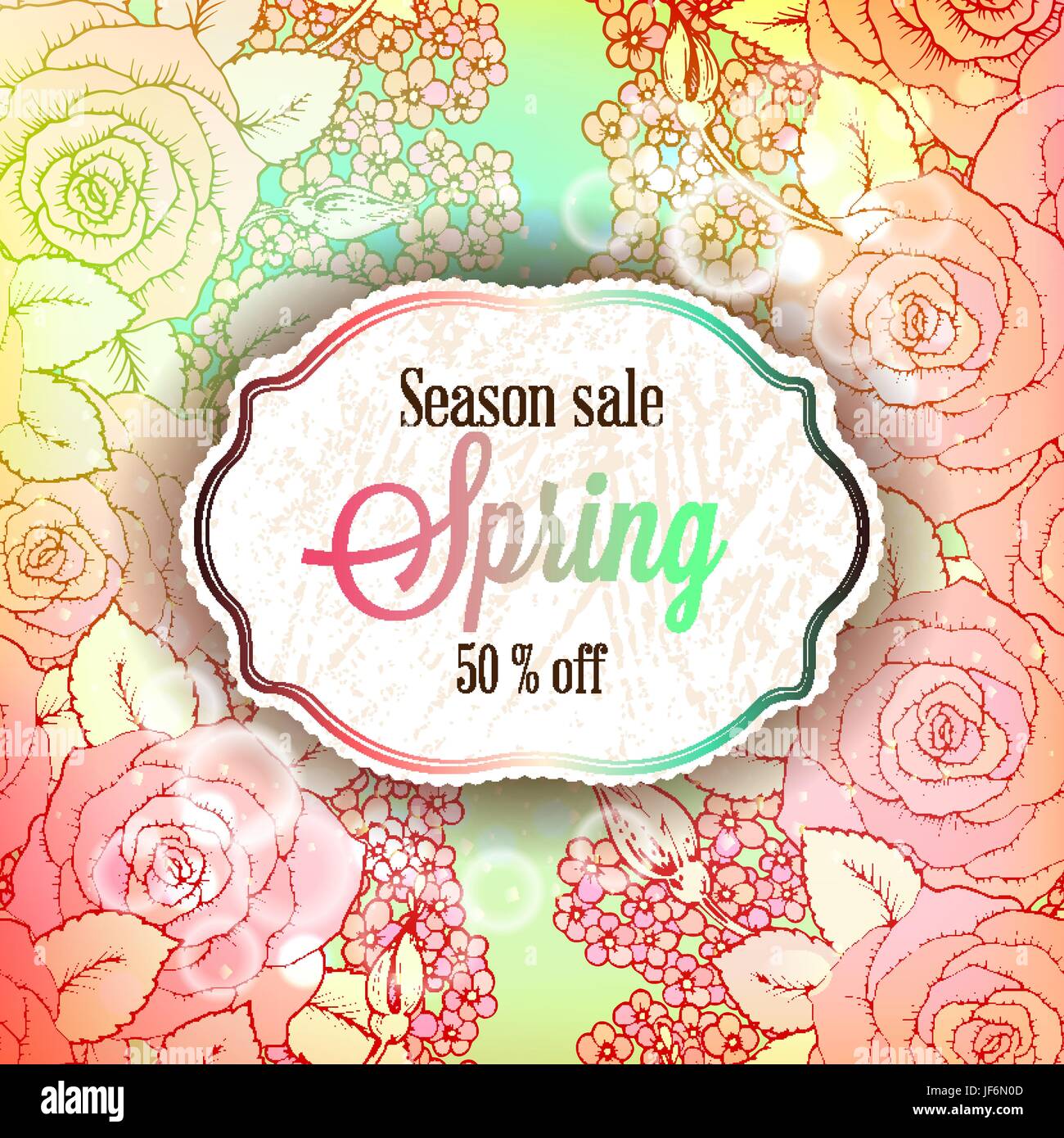 Spring season sale banner with colorful rose flowers and leaves, with ...