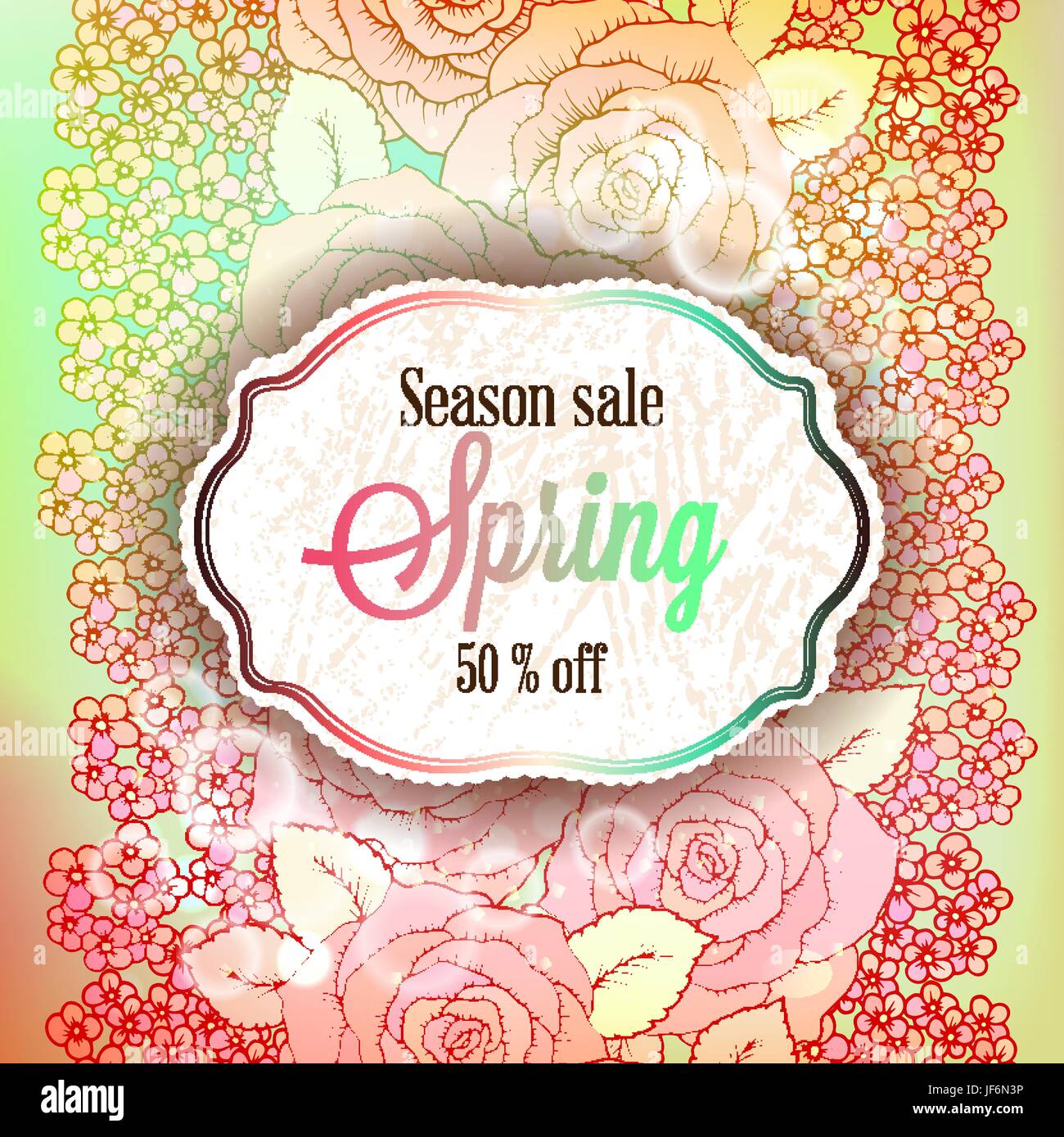 Spring season sale banner with colorful rose flowers and leaves, with ...