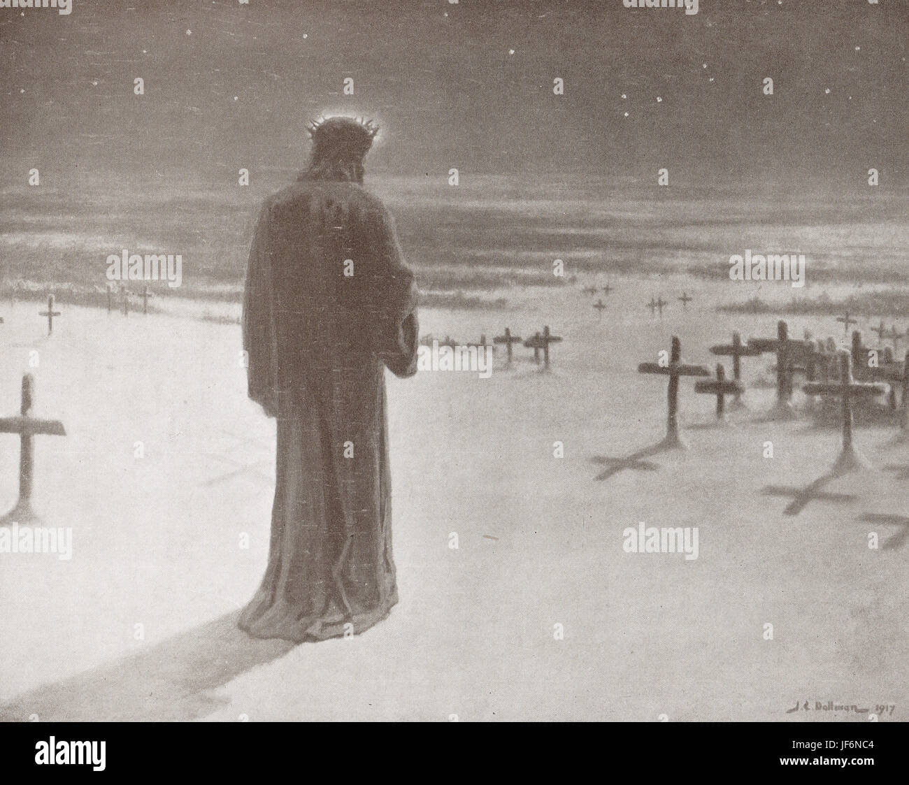Christ contemplating soldiers crosses in the snow, Anno Domini 1917 ...