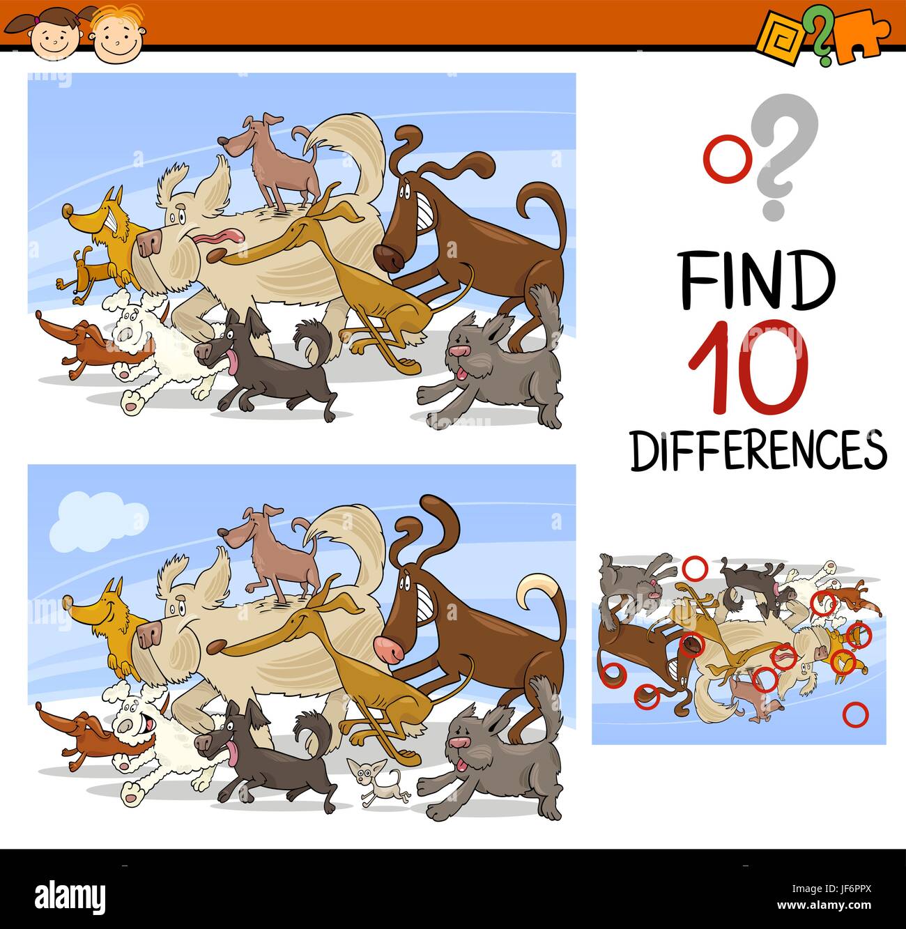 education, dogs, illustration, puzzle, find, cartoon, differences, spot ...