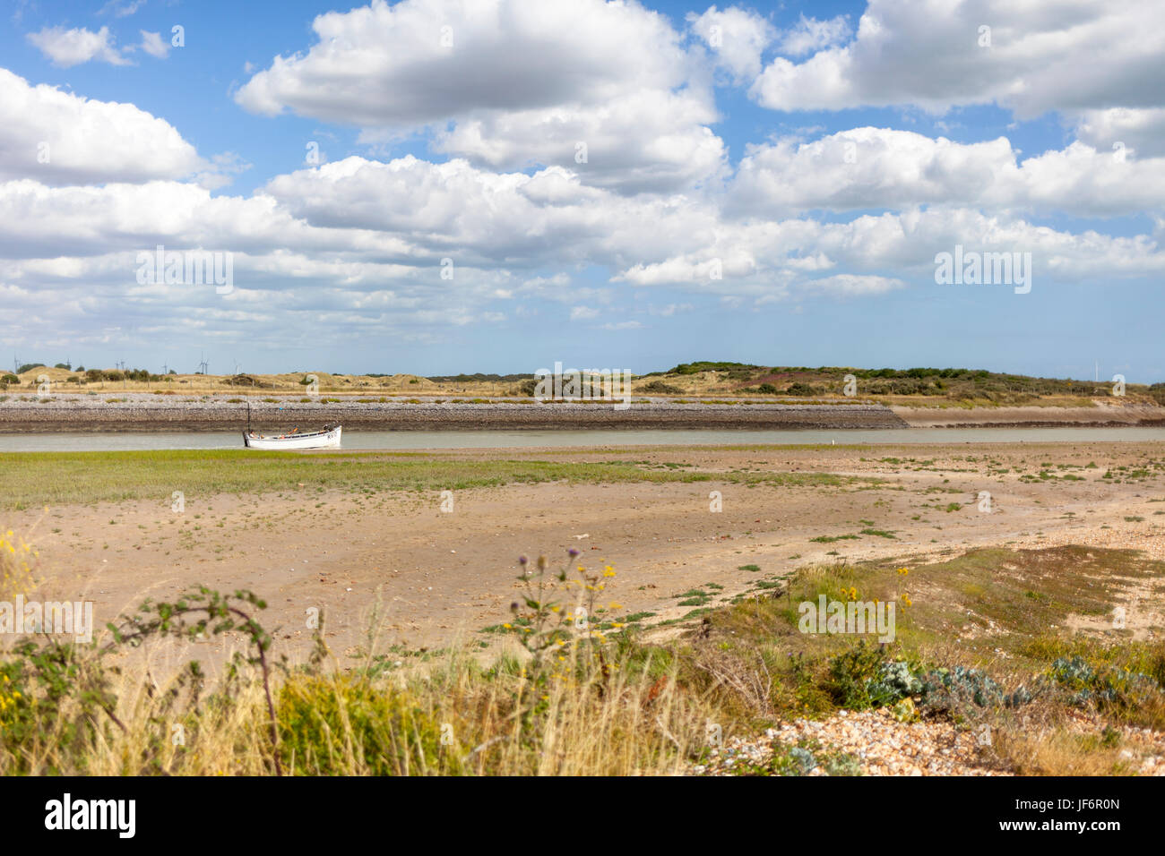 Rye harbour nature reserve and the RX10 fishing boat on the river ...
