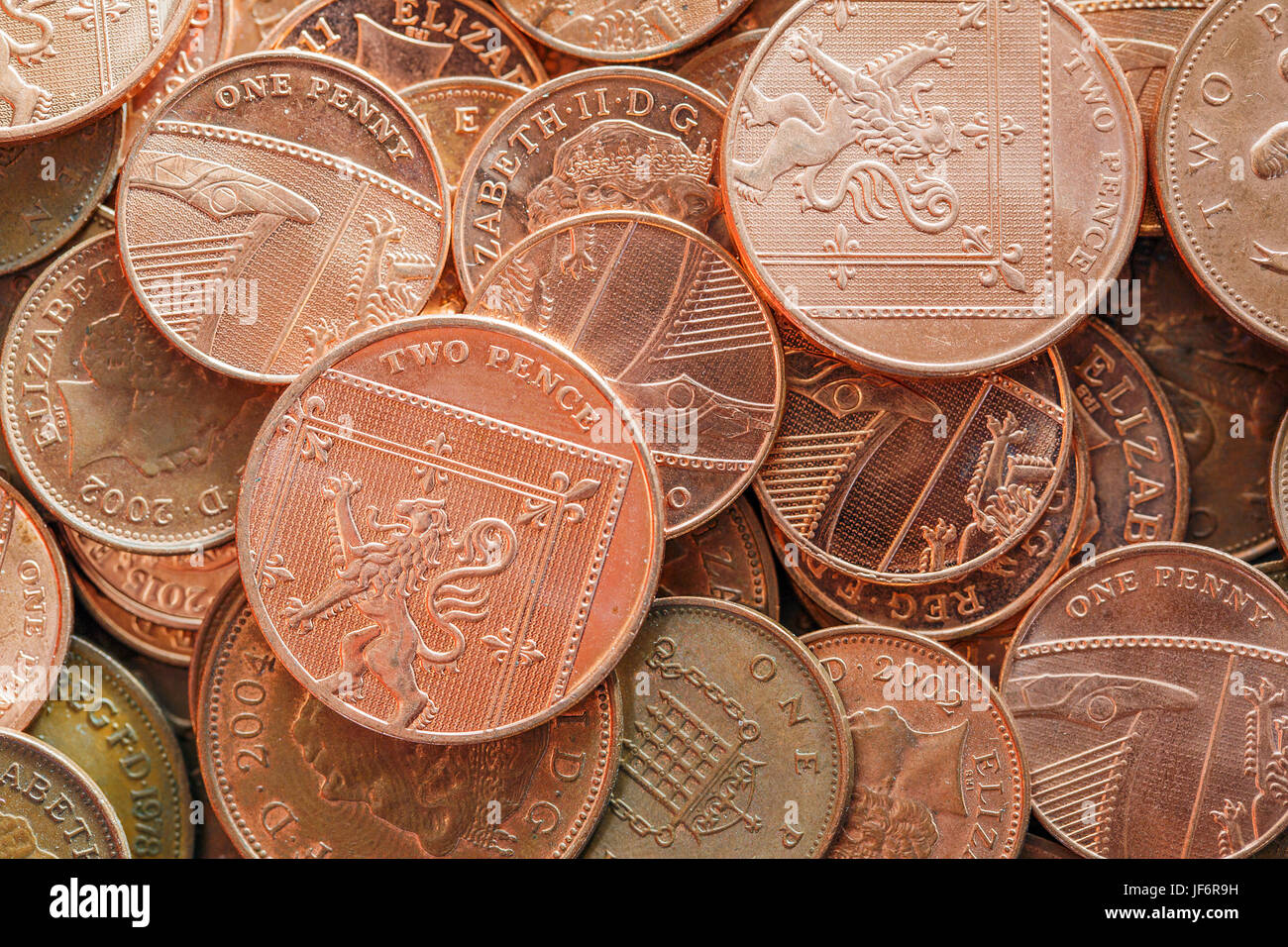 British Currency - small change pennies in a horizontal format Stock ...