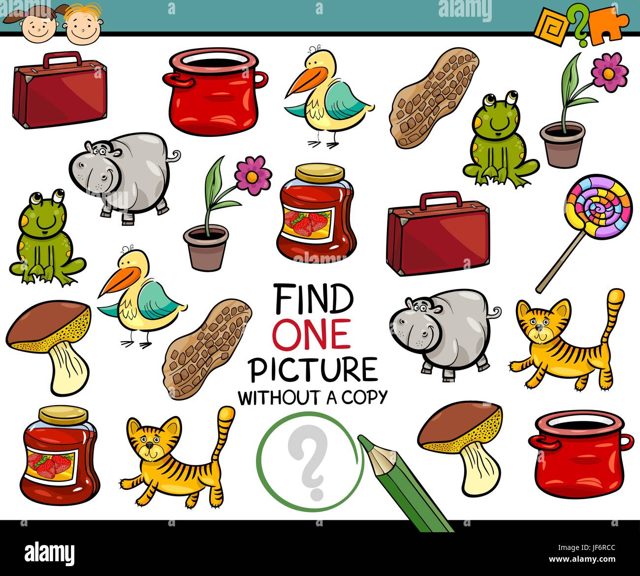 education, single, illustration, puzzle, one, find, cartoon, duplicate ...