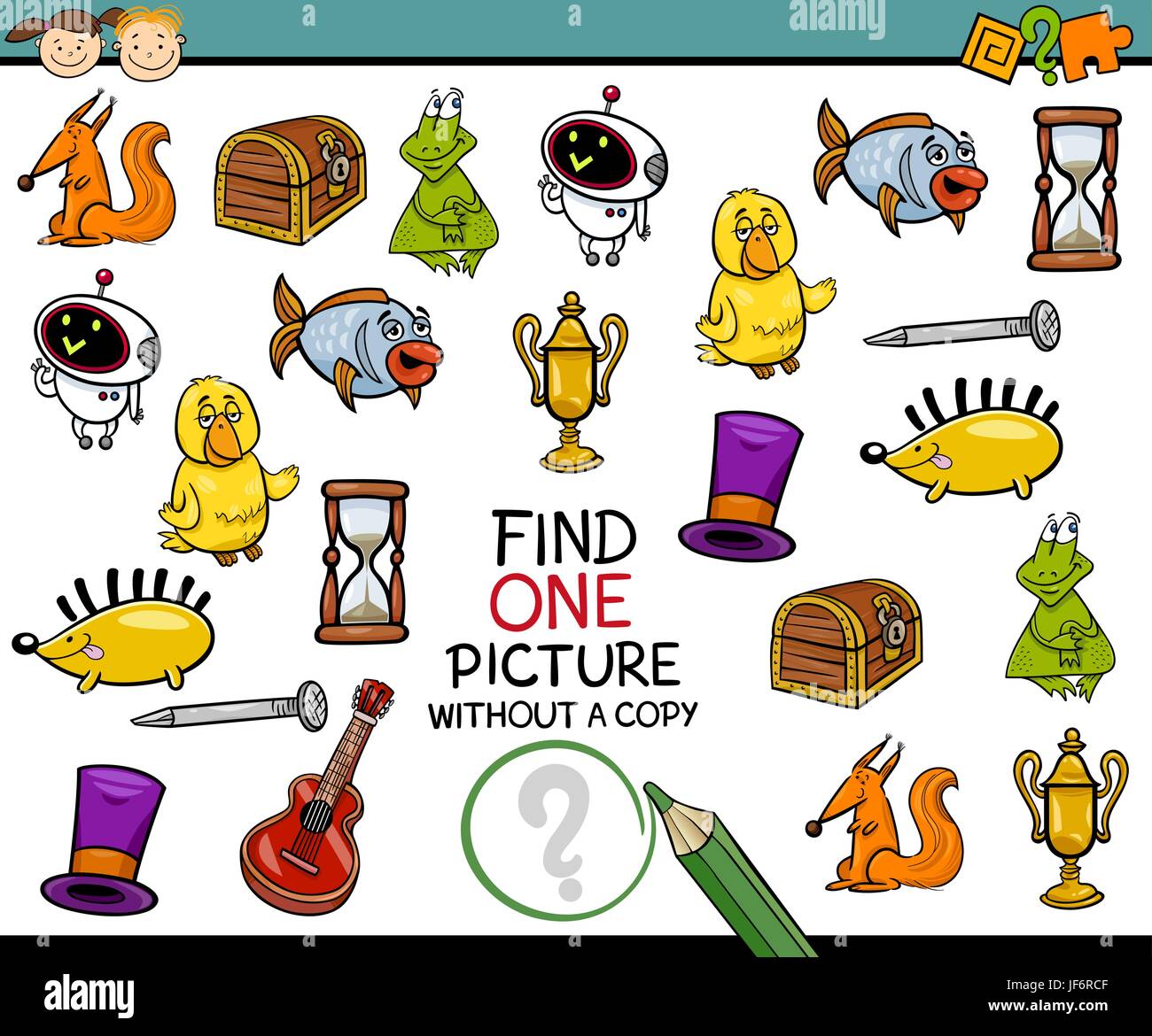 education, single, illustration, puzzle, one, find, cartoon, duplicate ...