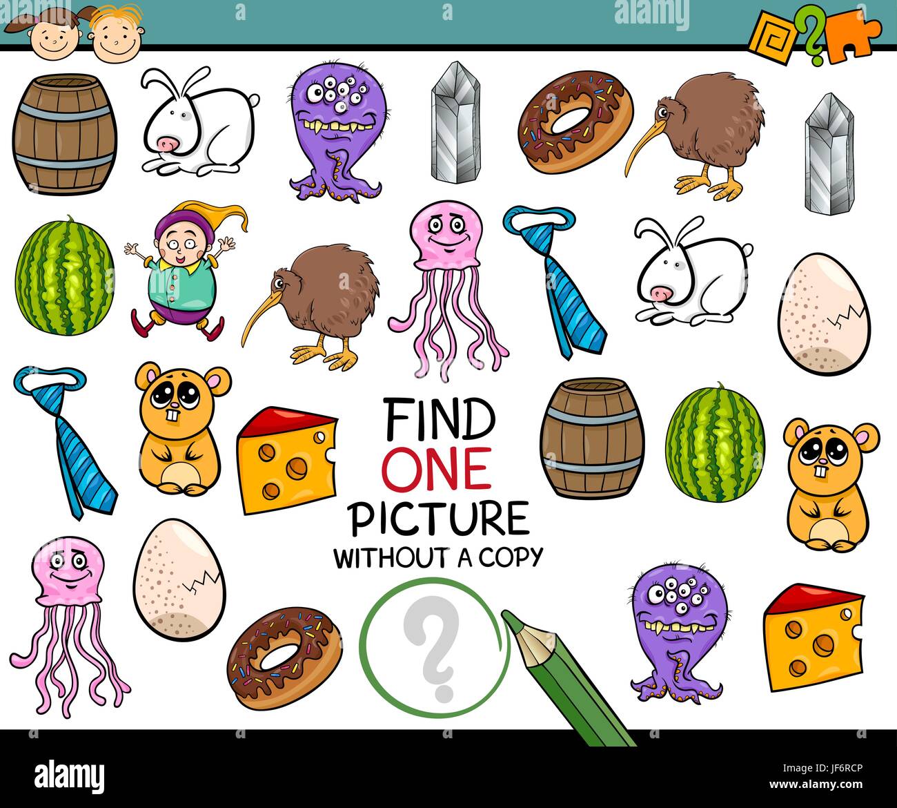 education, single, illustration, puzzle, one, find, cartoon, duplicate ...