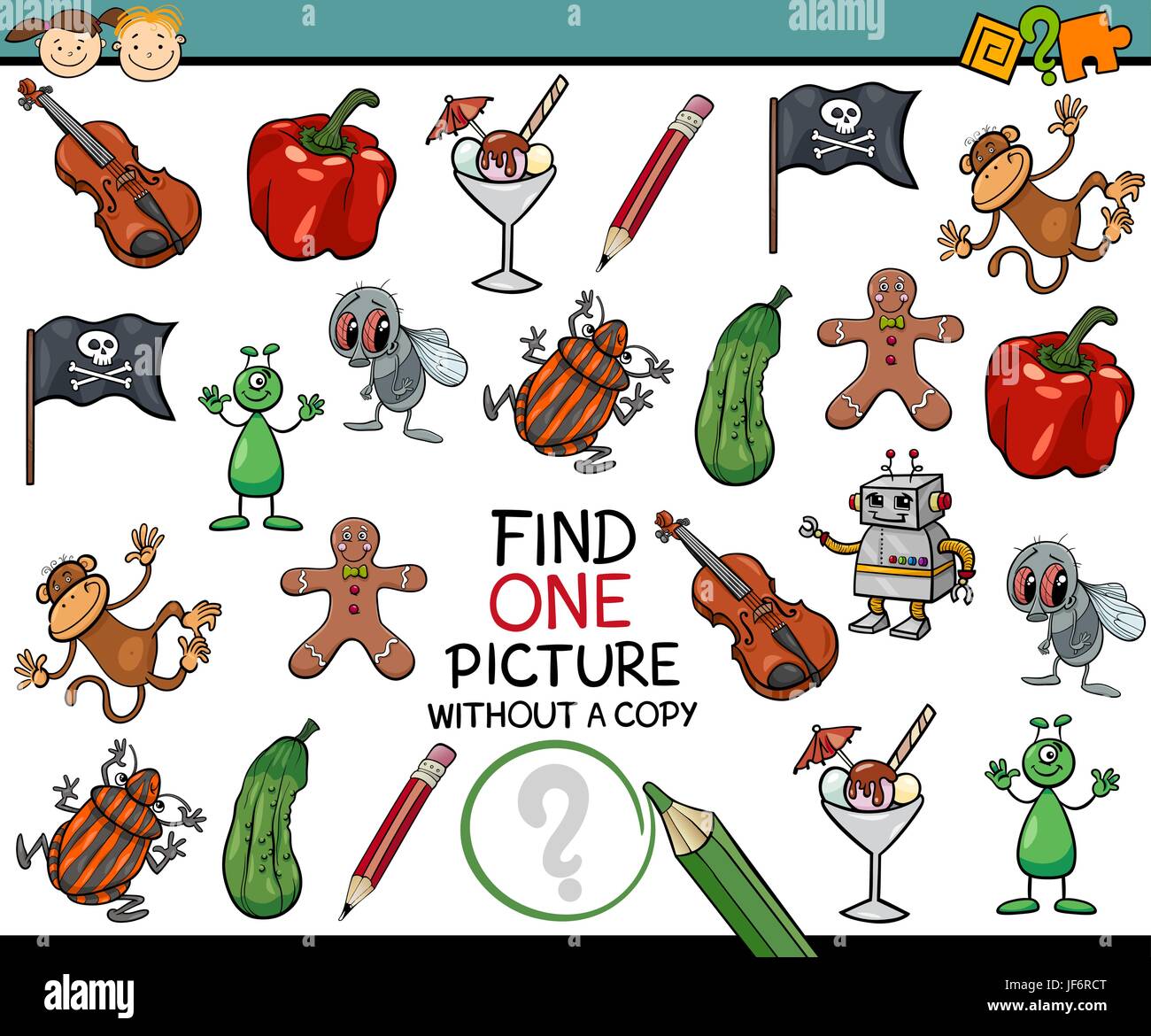 education, single, illustration, puzzle, one, find, cartoon, duplicate ...