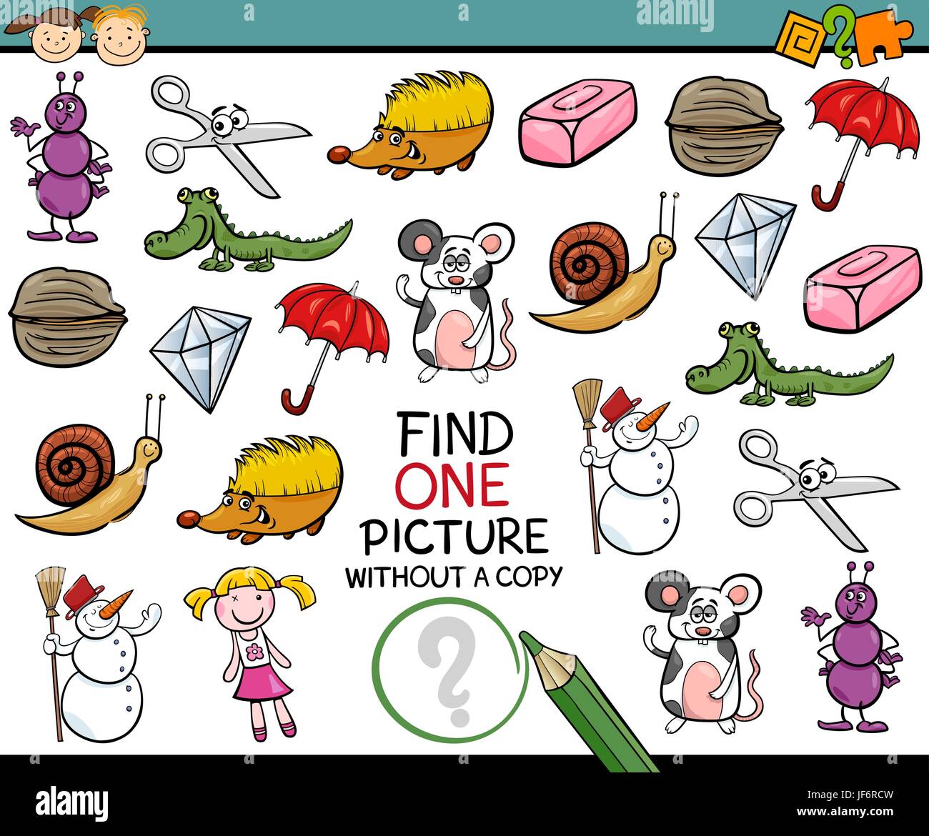 education, single, illustration, puzzle, one, find, cartoon, duplicate ...