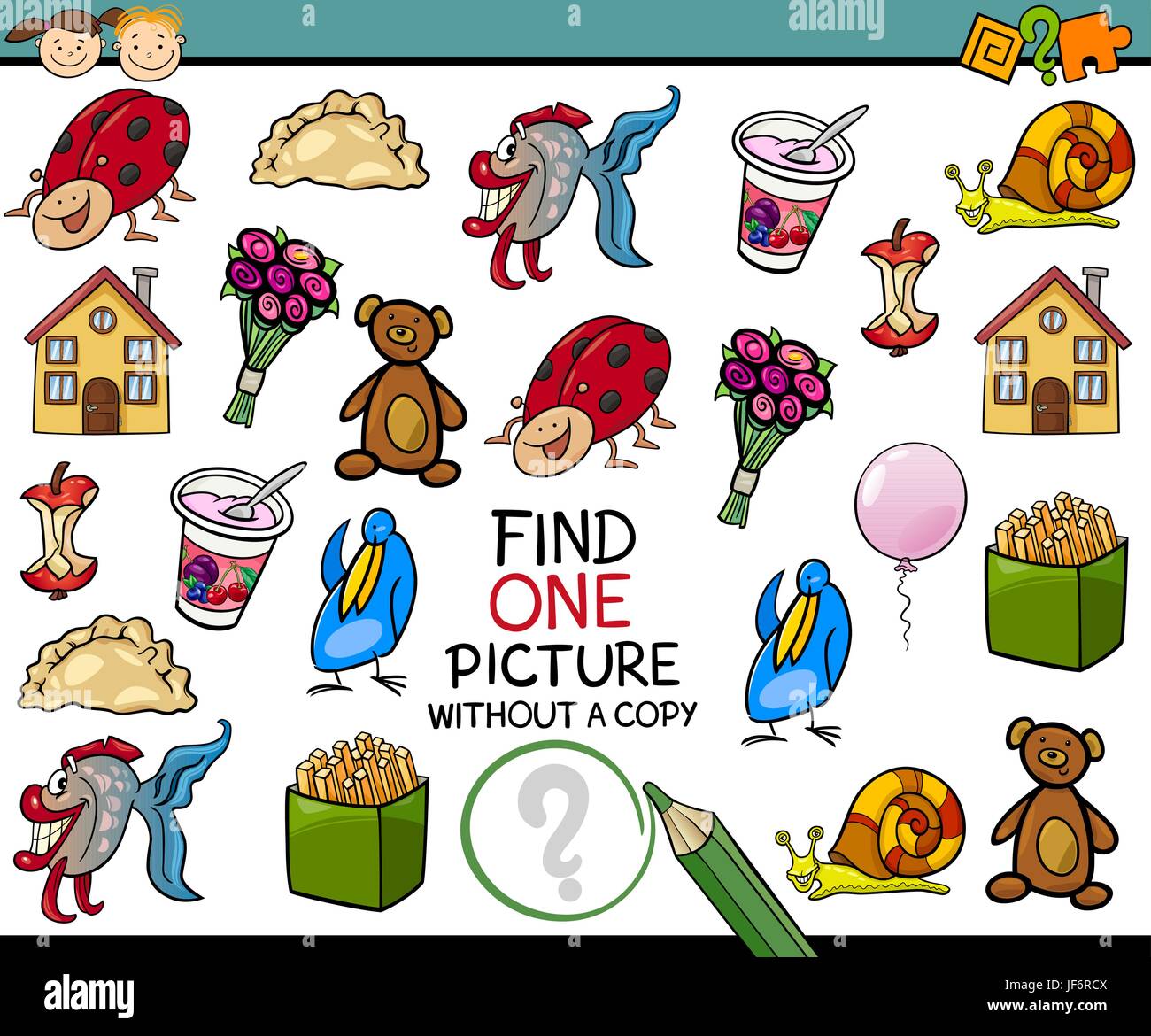 education, single, illustration, puzzle, one, find, cartoon, duplicate ...