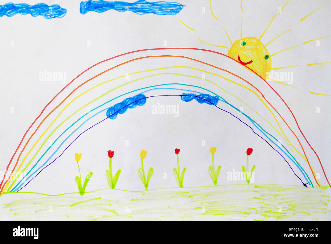 Childish drawing of flowers and rainbow Stock Photo - Alamy