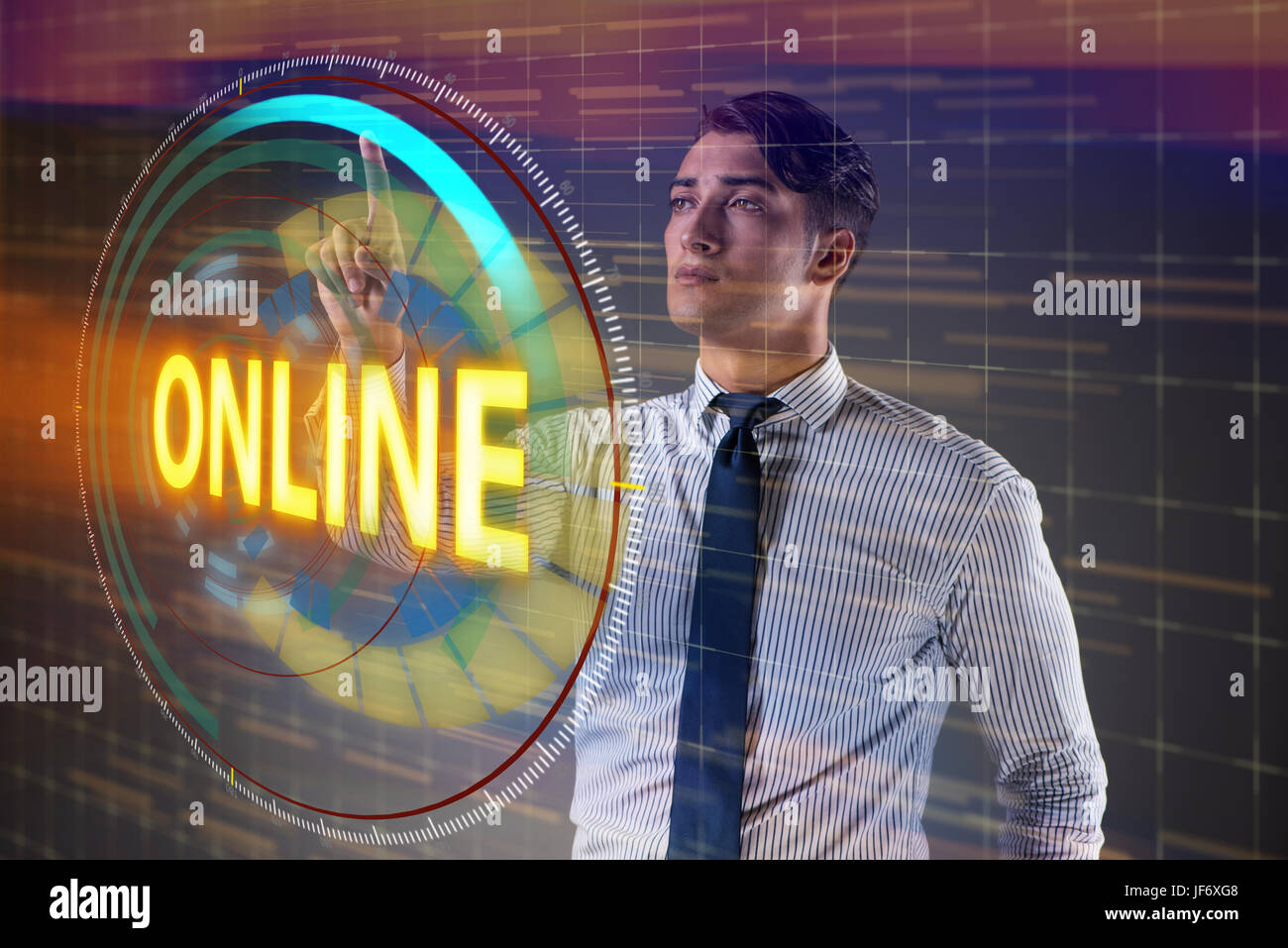 Businessman pressing virtual button online Stock Photo - Alamy