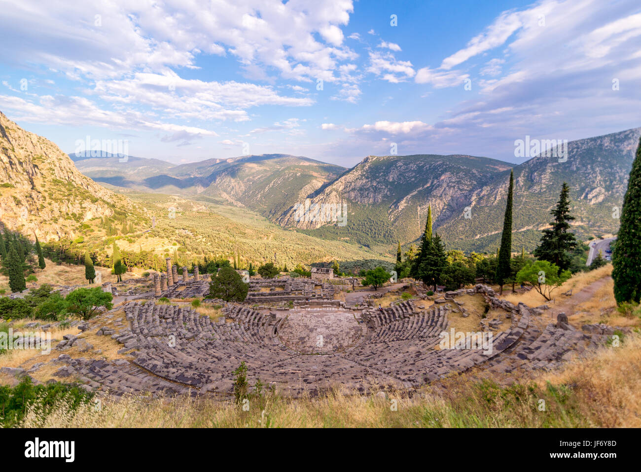 Ancient Greek Delphi Amphitheatre overlooking the mountains Stock Photo ...