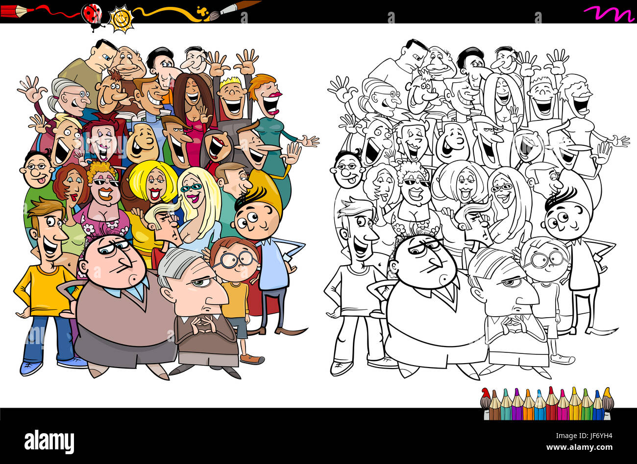 people in crowd coloring page Stock Photo - Alamy