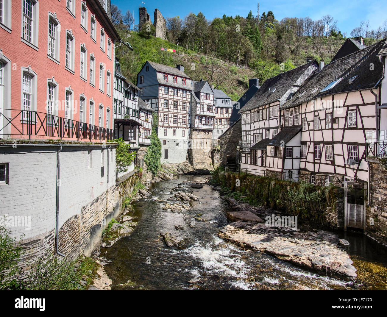The Red House (Das Rote Haus) and the Rur river in Monschau, Germany, a ...