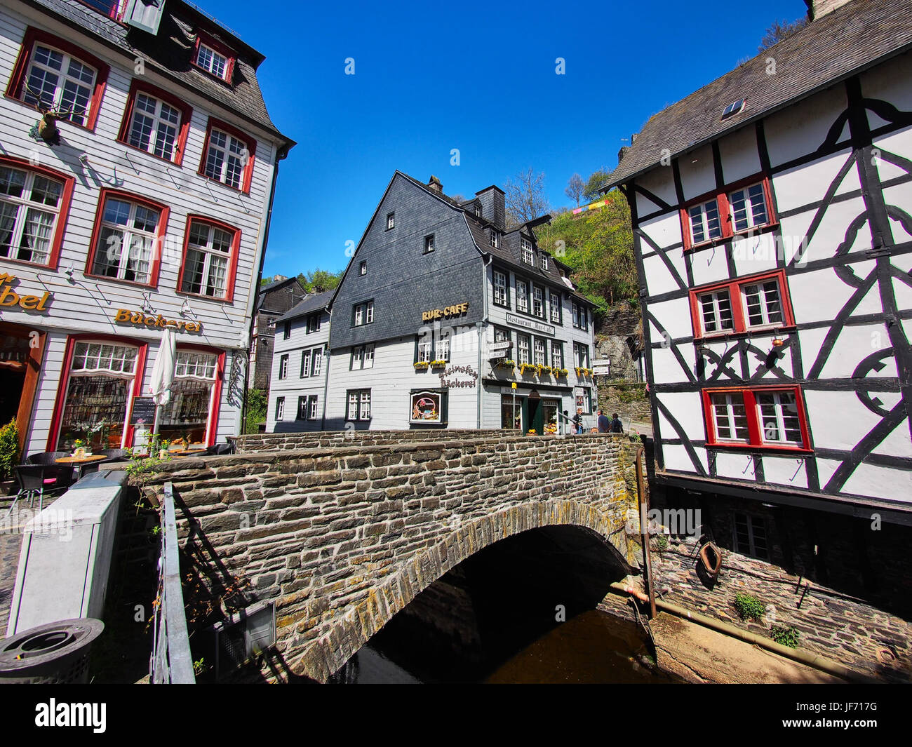 The bridge over the Rur river at the Markt in Monschau, Germany, is a ...