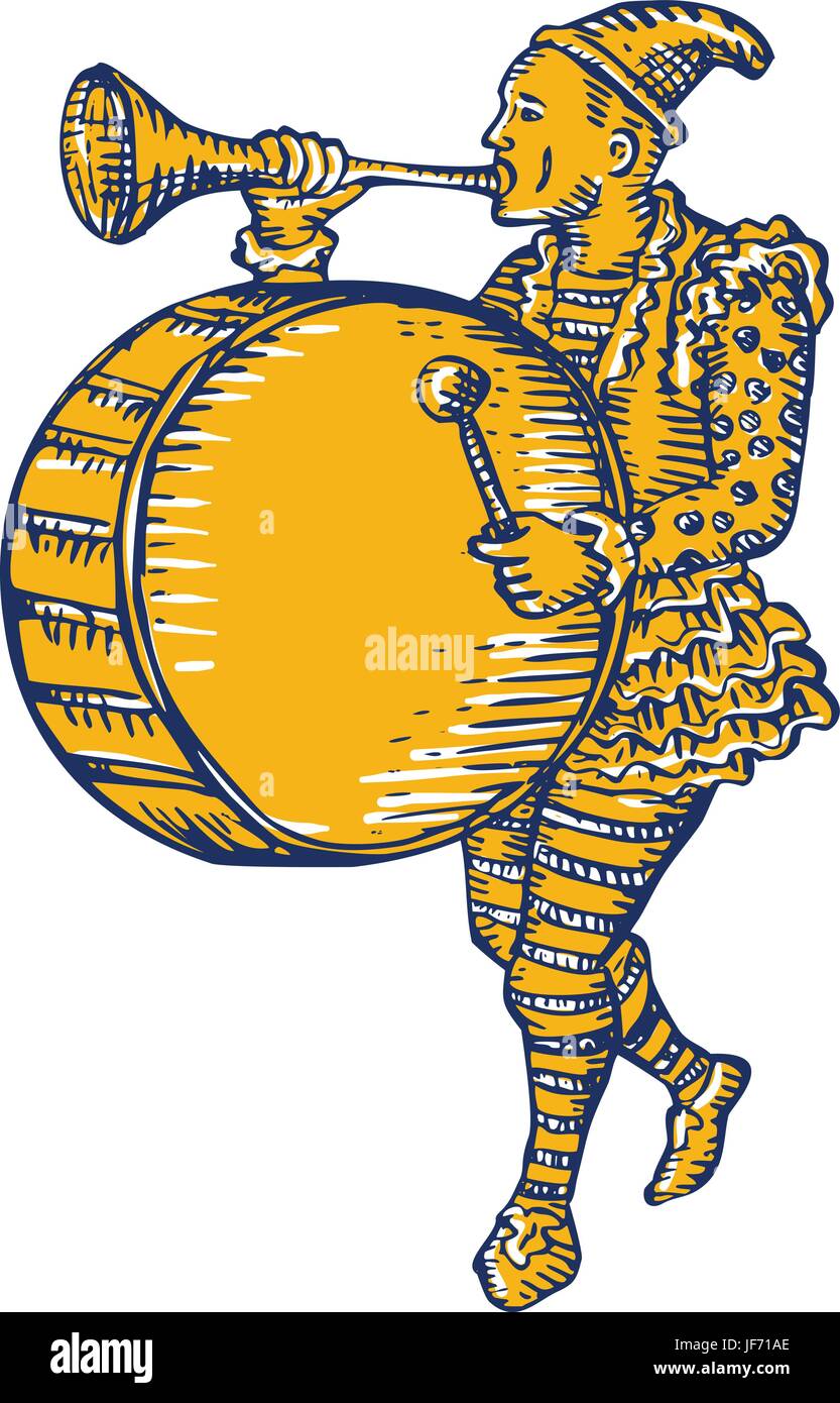 Clown With Trumpet and Drum Marching Etching Stock Vector Image & Art ...