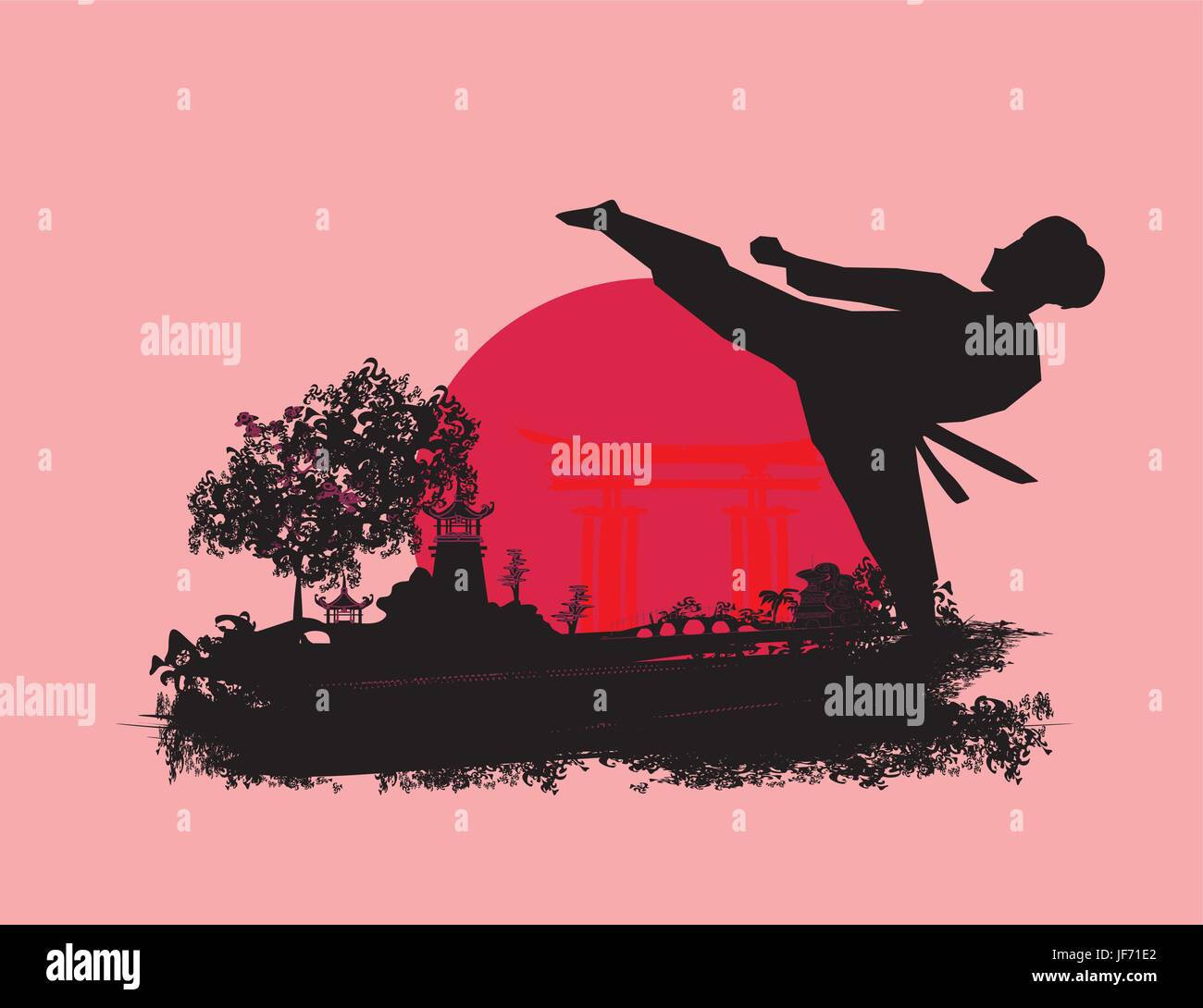 Karate man silhouette grunge card sunset japan hi-res stock photography ...