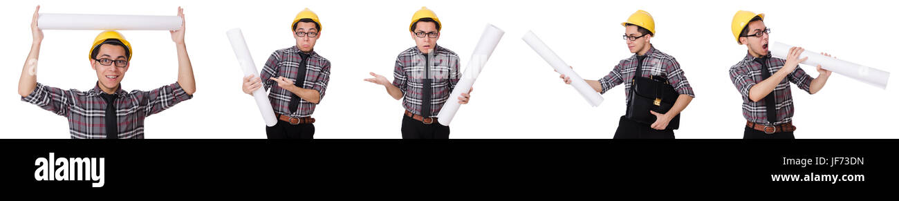 Funny man with blueprints on white Stock Photo - Alamy