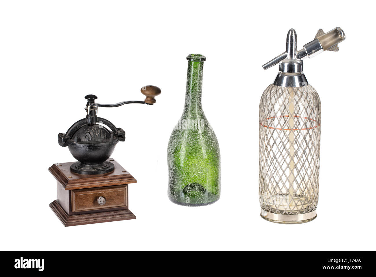 Coffee Mill, Green Bottle And Glass Siphon Stock Photo - Alamy