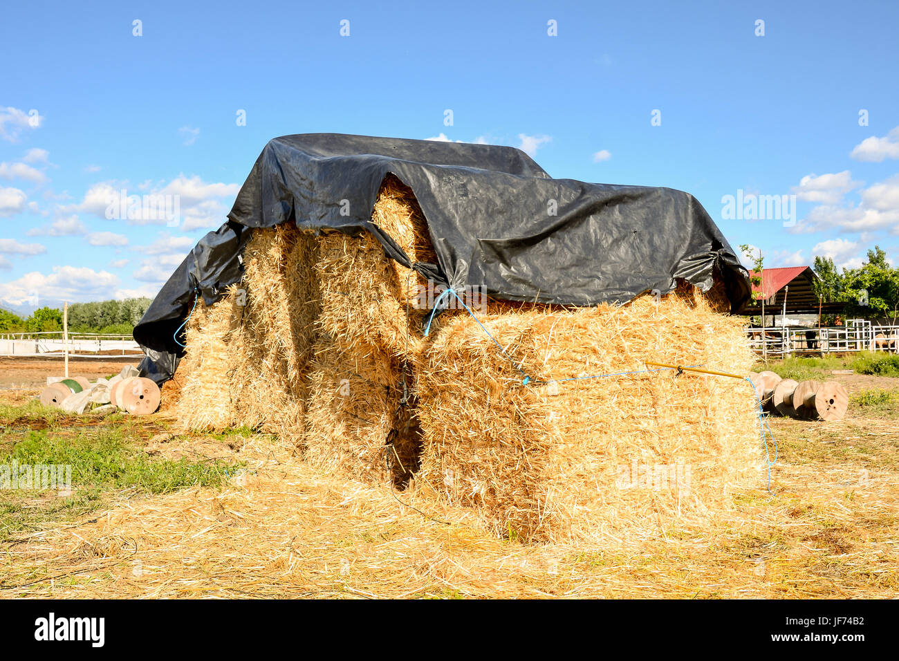 Autumn rural landscape with hay bale, and farm Stock Photo - Alamy
