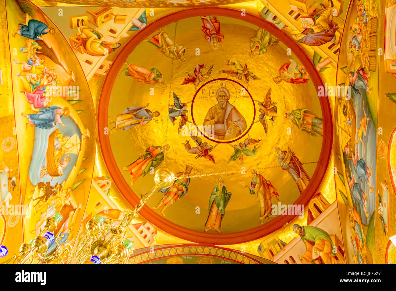 Ornately decorated ceiling inside the Greek Orthodox Church of the Holy ...