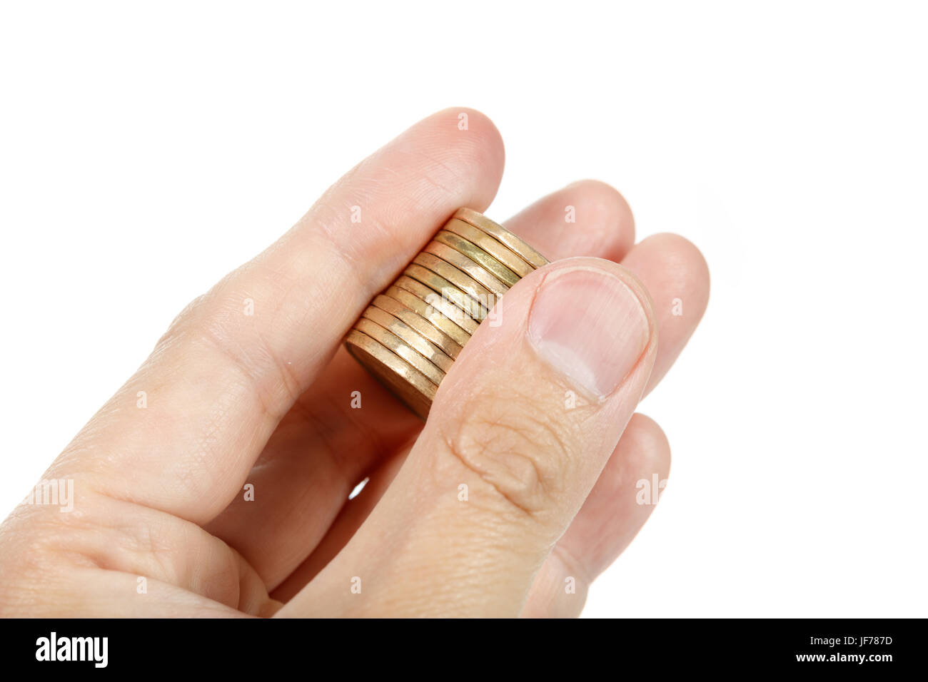 hand holding golden coins with white background Stock Photo - Alamy