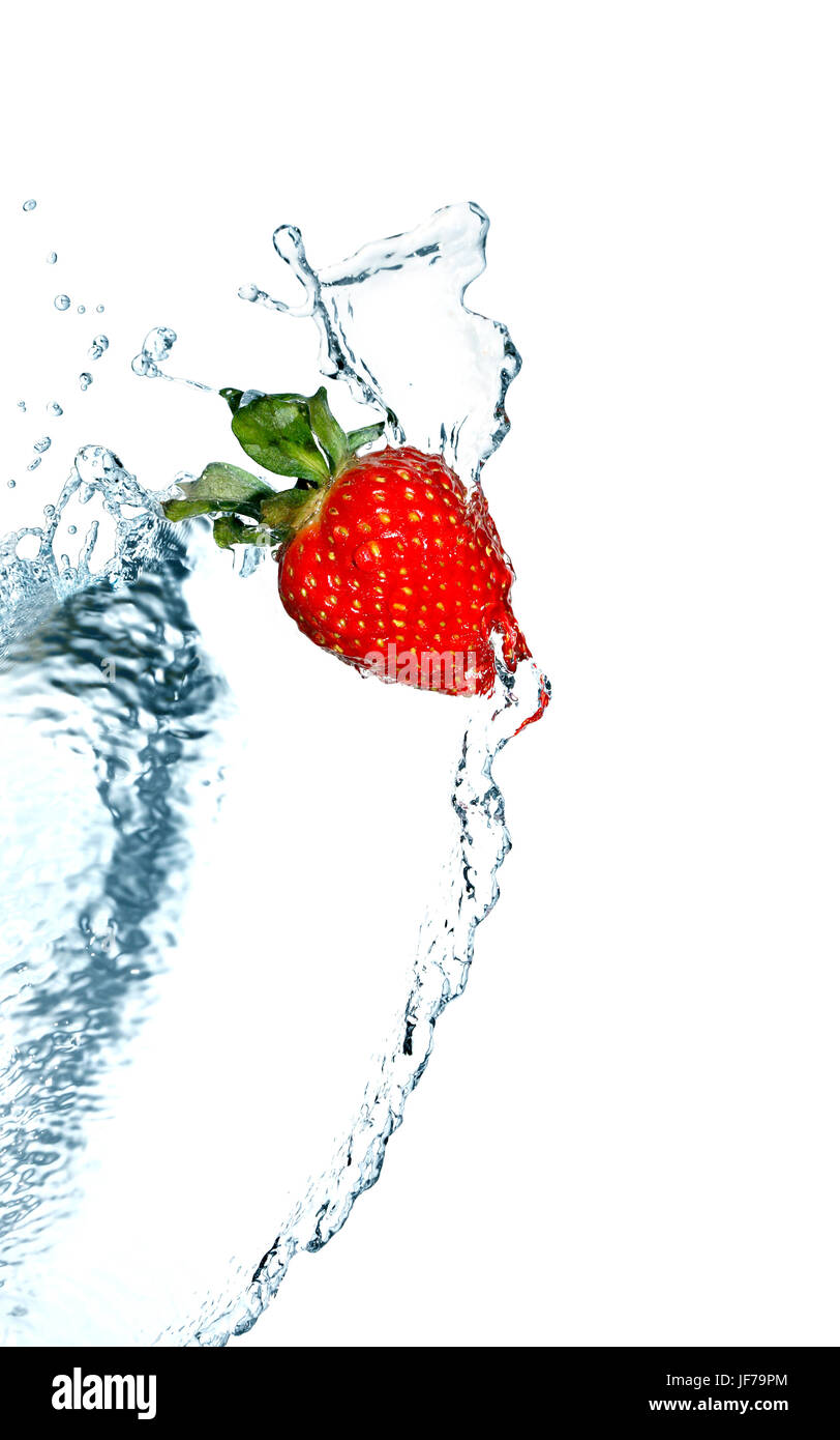 Red strawberry and flowing water on white background. Isolated with ...
