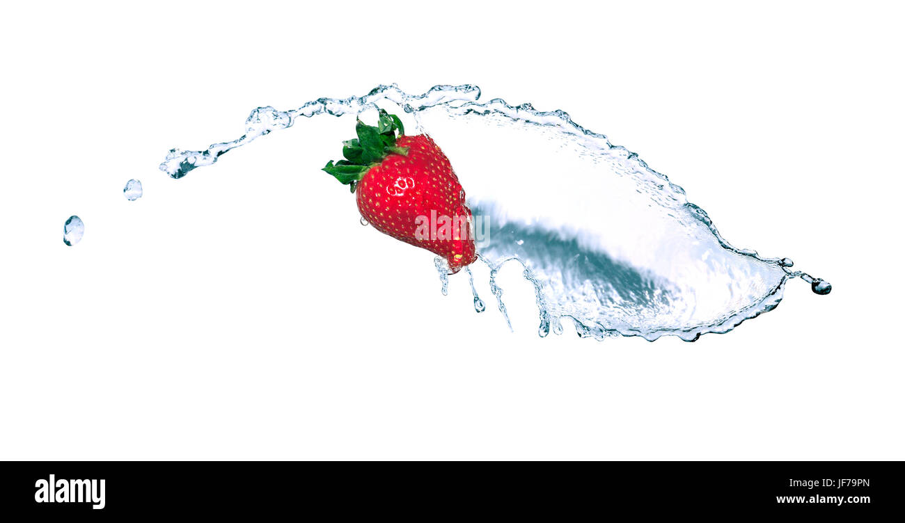 Red strawberry and flowing water on white background. Isolated with ...