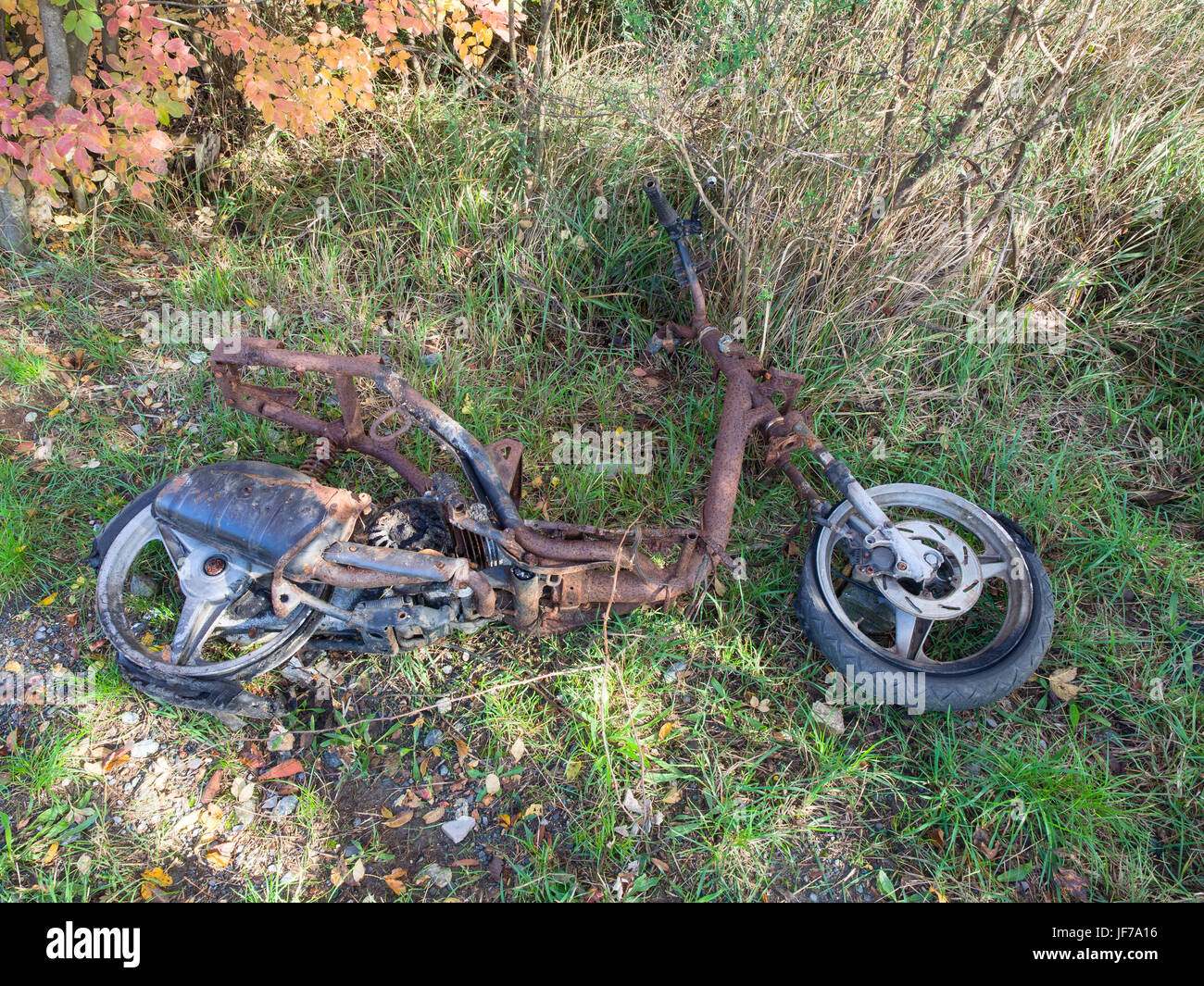 Rusty scraps of a stolen moped abandoned in nature Stock Photo - Alamy