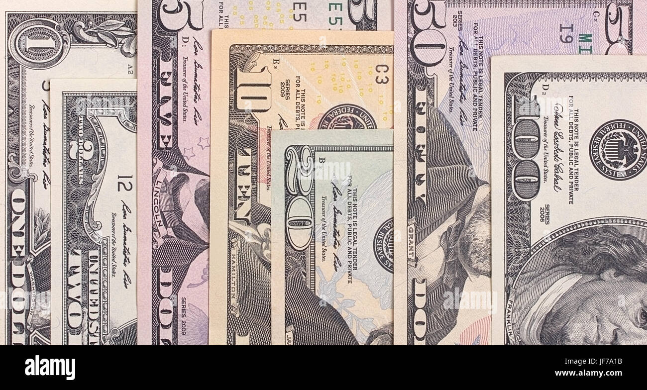 Abstract dollar bills of different denominations background Stock Photo ...