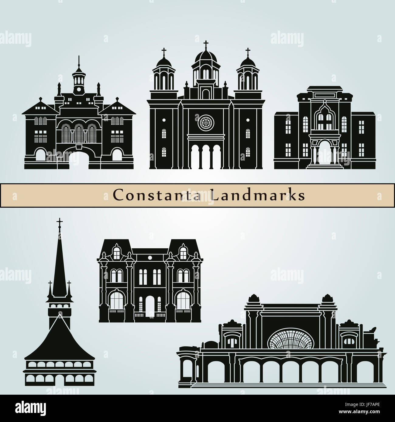 Constanta landmarks and monuments isolated on blue background in ...