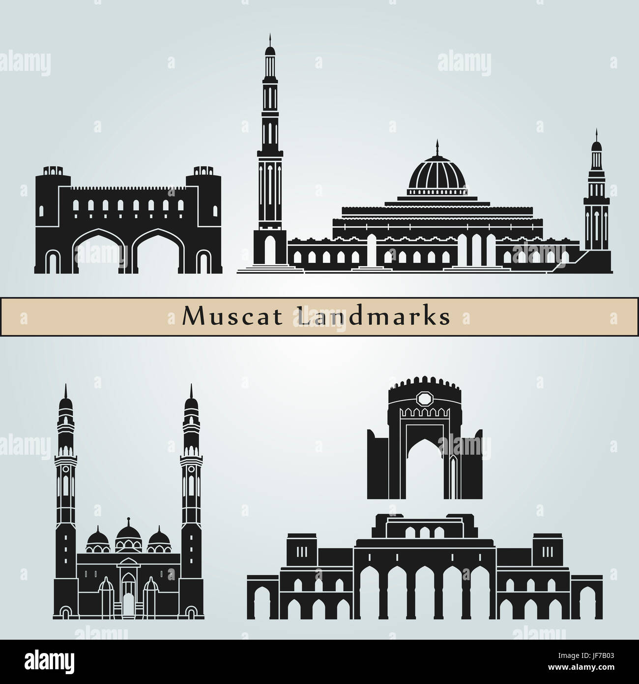 Muscat landmarks and monuments isolated on blue background in editable ...