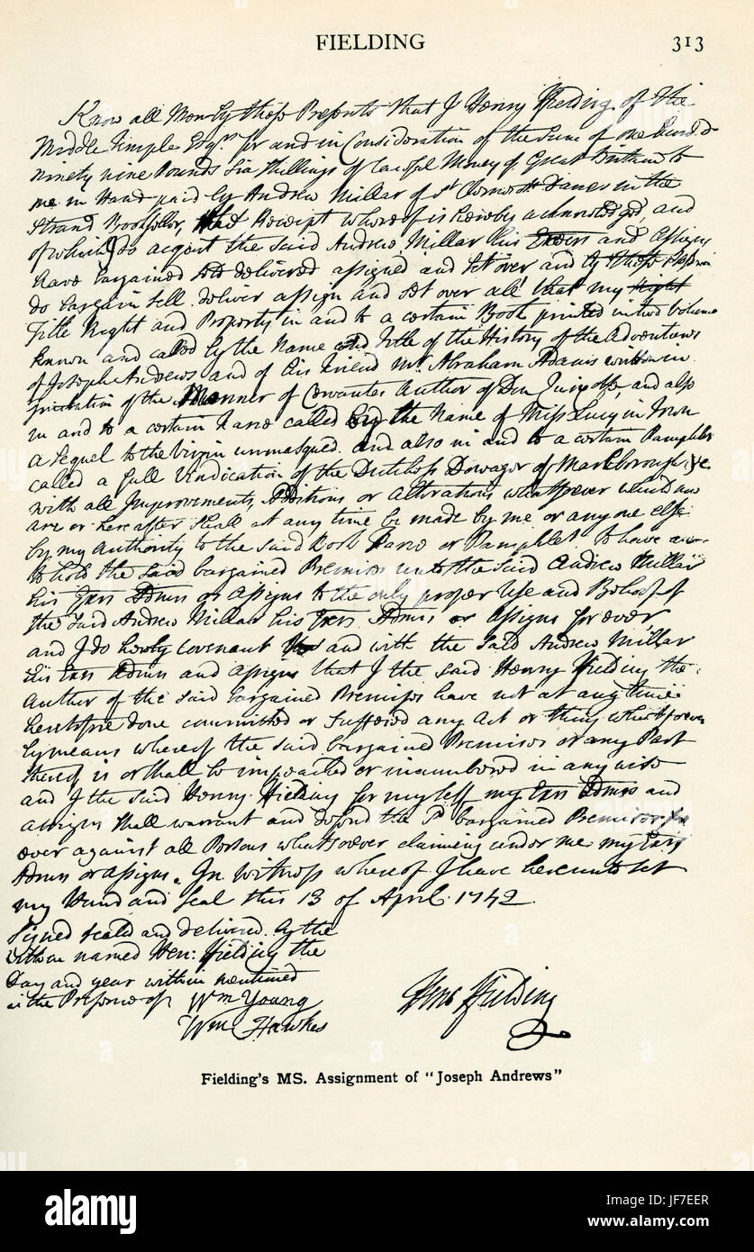 Henry Fielding 's - signed manuscript assignment of the novel, 'Joseph ...