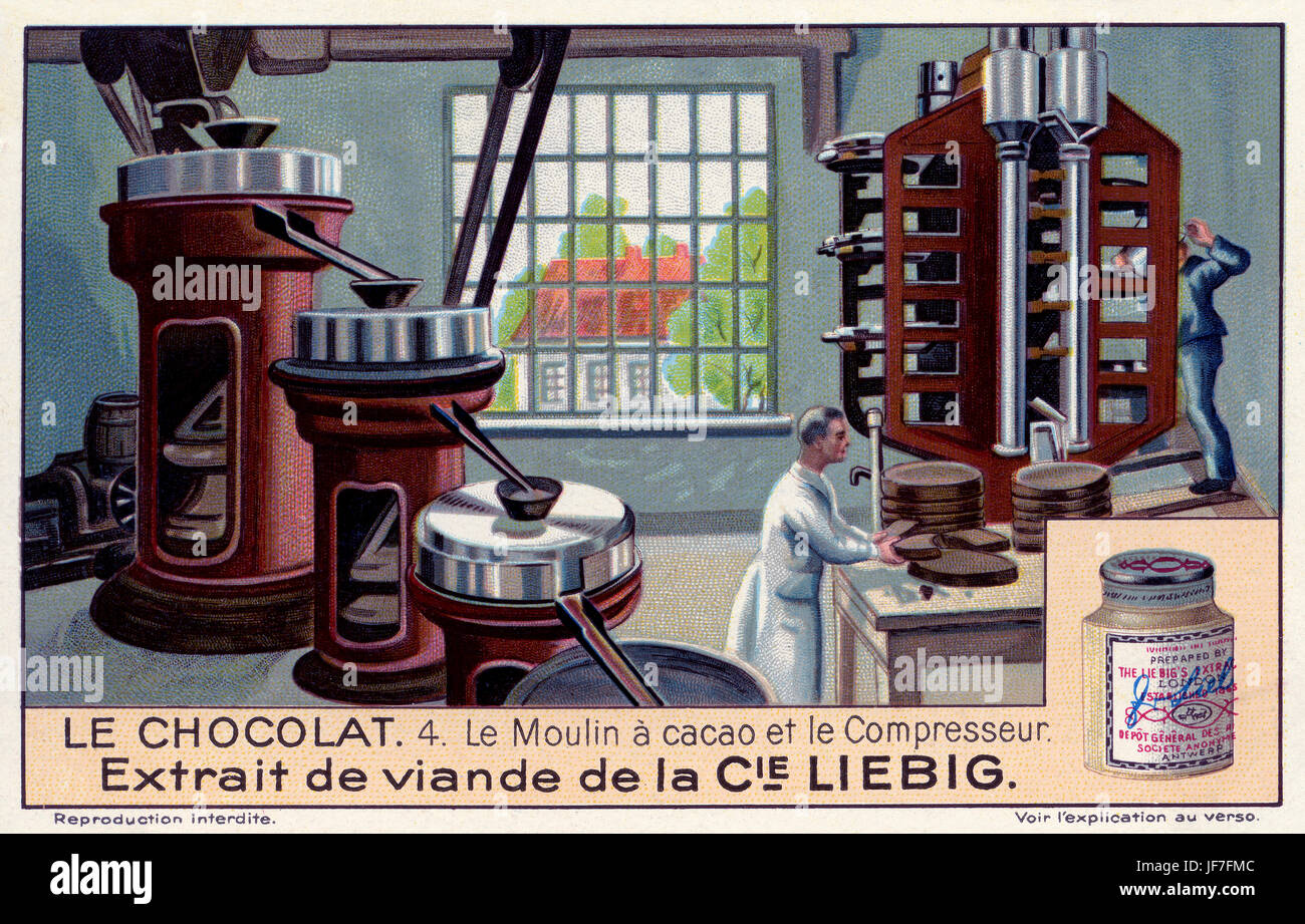 Chocolate production. Grinding and compressing the cocoa beans. Liebig ...