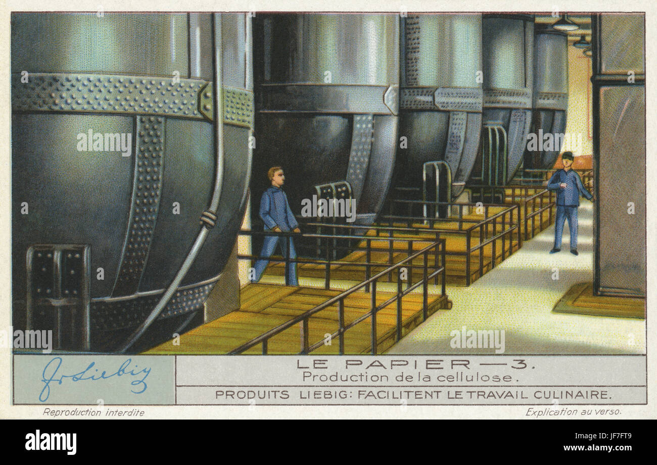 Paper manufacture. Production of cellulose. Liebig collectors' card ...