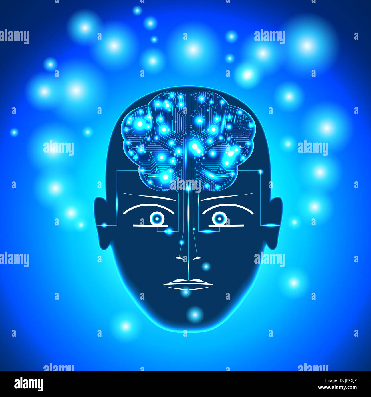 Head, circuit board in form of brain with glowing with dots thoughts ...