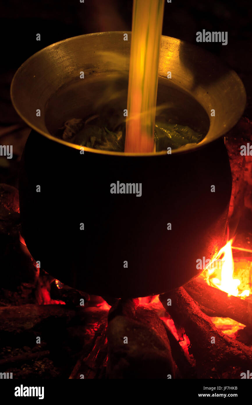 Cooking in a pot over campfire in the jungle of laos Stock Photo - Alamy
