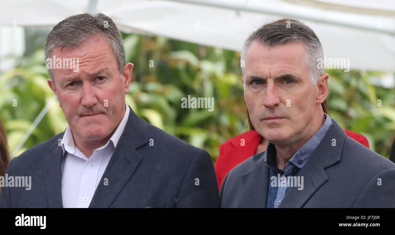 Sinn Fein's Conor Murphy (left) and Declan Kearney speak to the media ...
