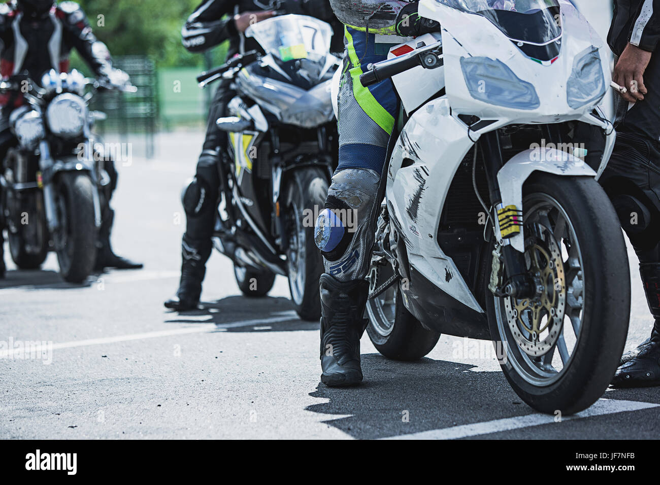 Motorcycle luxury items close-up: headlights, shock absorber, wheel ...