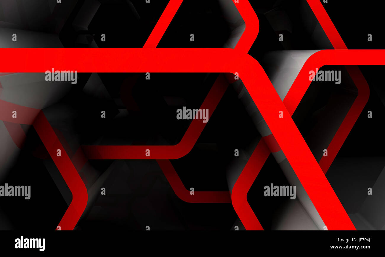 Abstract dark chaotic honeycombs structures with red sections. Computer ...