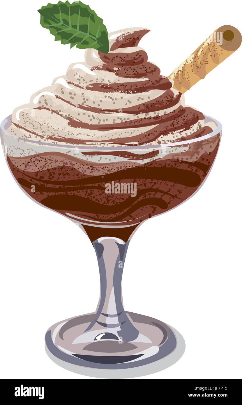 illustration of chocolate mousse in glass with mint leave and cinnamon ...