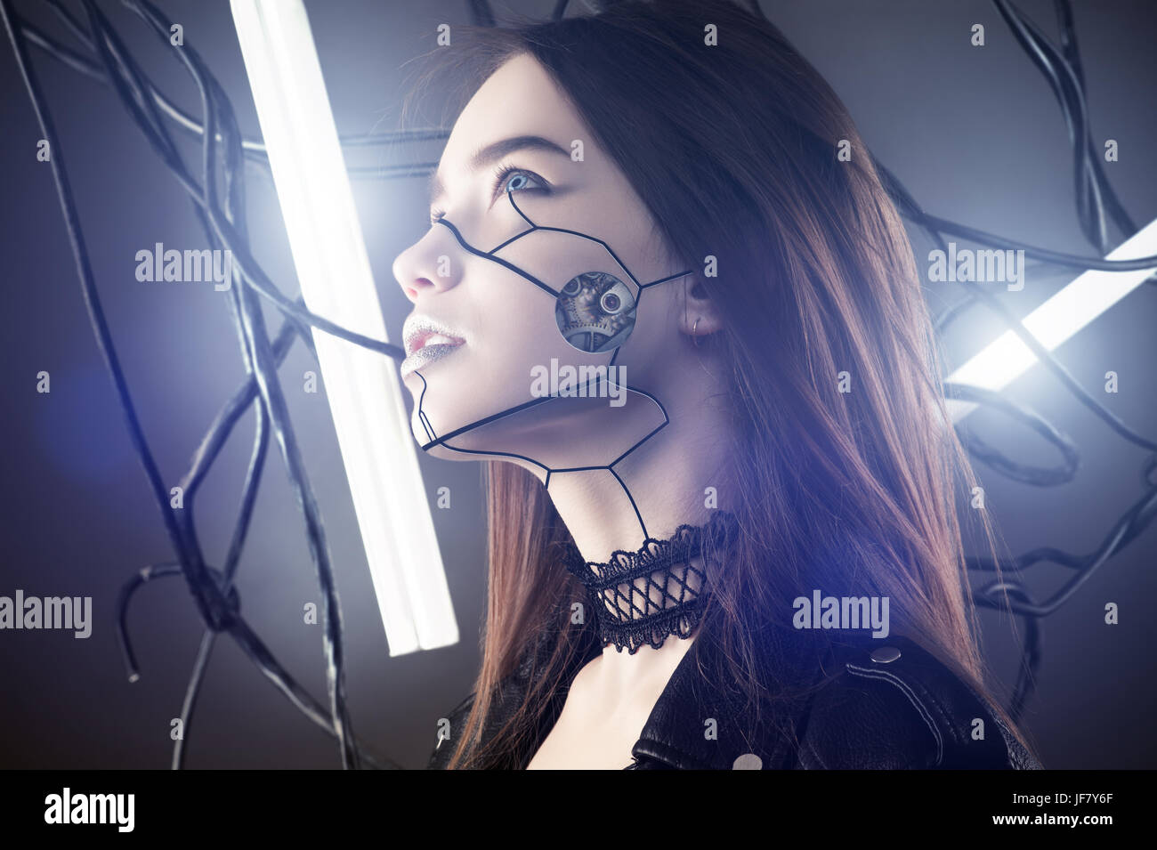 beautiful robot girl in cyberpunk style looking up on background of ...